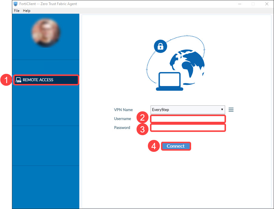 Connect to FortiClient / Remote Access – EveryStep